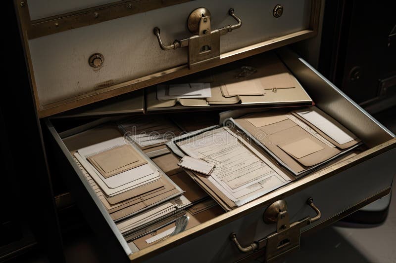 Safe Deposit Box, with Key Visible on Top, and Stack of Important ...