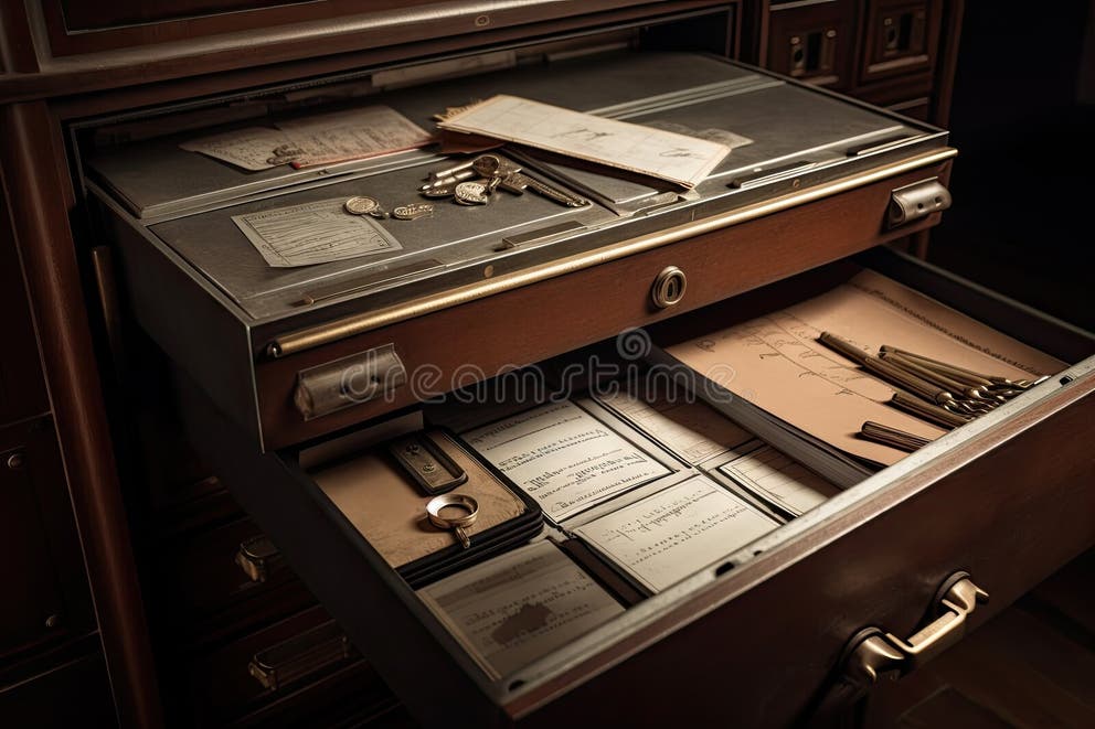 Safe Deposit Box, with Key Visible on Top, and Stack of Important ...