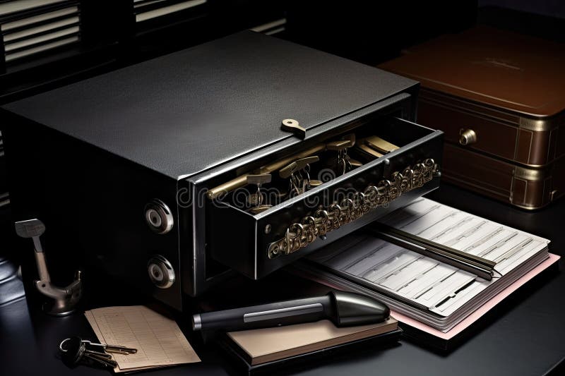 Safe Deposit Box, with Key Visible on Top, and Stack of Important ...