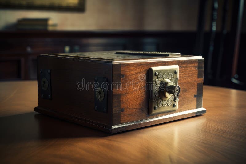 Safe Deposit Box, with Keyhole and Lock Visible, Sitting on Wooden ...