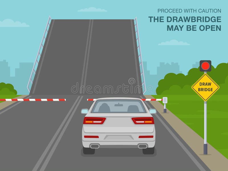 Car Stopped at the Gates, while Drawbridge Opens. Back View. Proceed ...