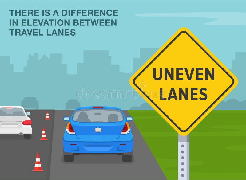 "Uneven Lanes" Sign Meaning. Difference in Elevation between Travel ...