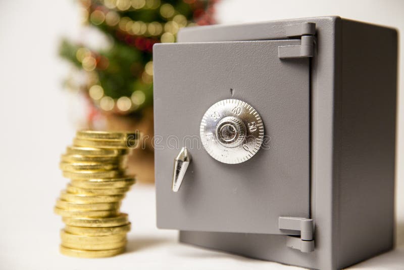 Safe, Golden Coins and Christmas Tree Stock Image - Image of ...
