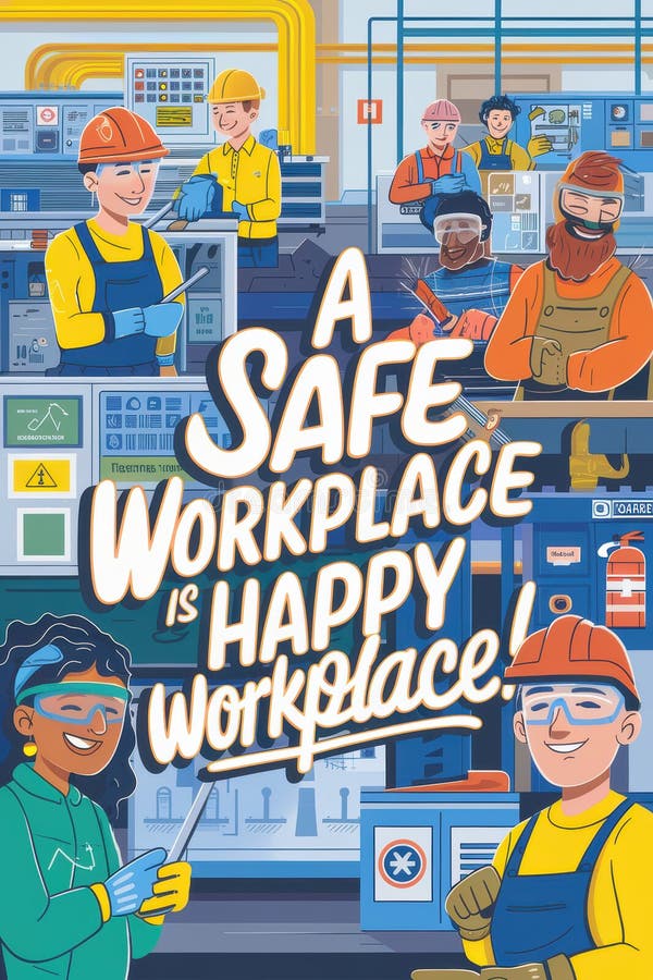 Safe and Happy Workplace Slogan in Factory Setting Stock Illustration ...