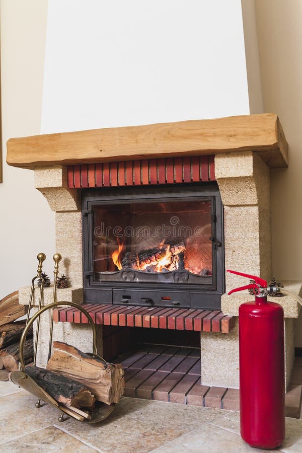 Safe High White Fireplace With Fire In Hearth Stock Image - Image of ...
