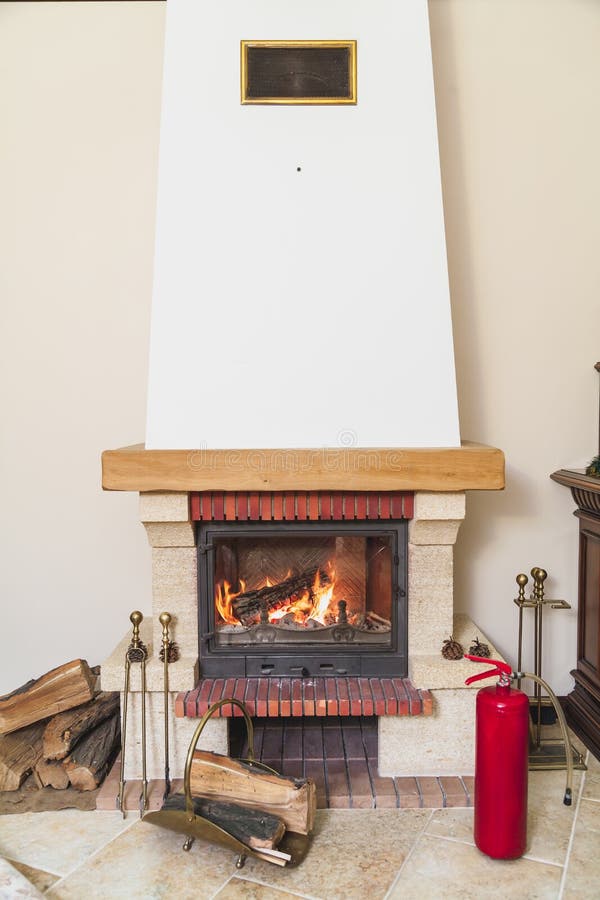 Safe High White Fireplace with Fire in Hearth Stock Photo - Image of ...