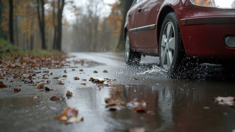 Safe Journey: Vehicle Cautiously Navigating a Damp Roadway, Emphasizing ...