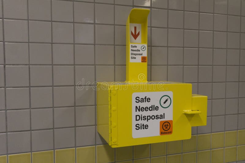 Safe Medical Needle Disposal Container on a Toilet Wall Stock Image ...