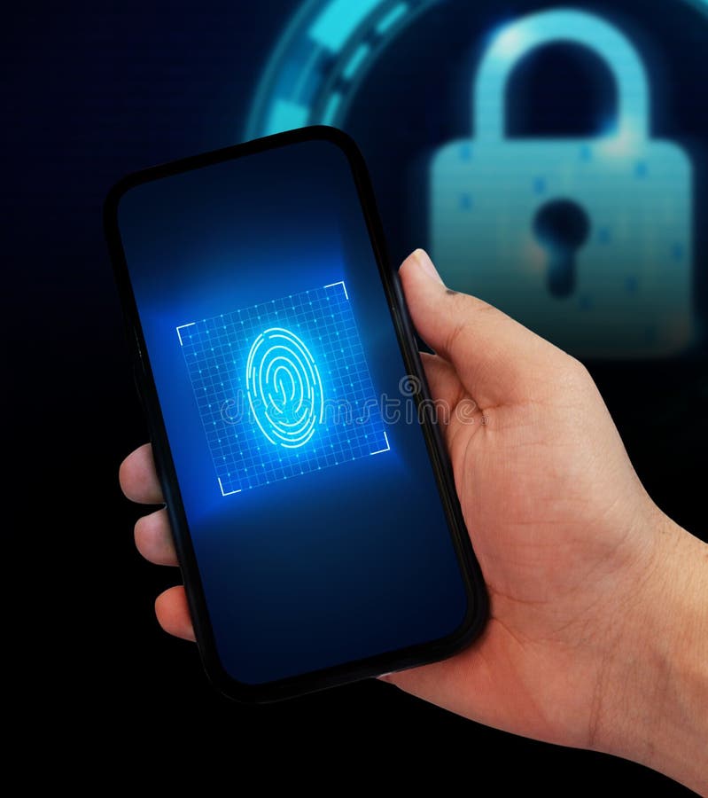 Safe and Secure Biometric through Mobile Concept Backdrop with Hand and Lock. Thumbprint Glowing ...