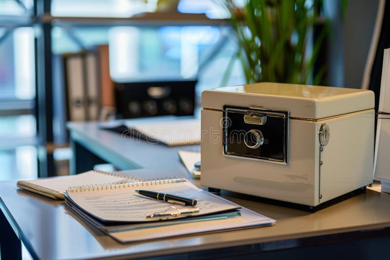 A Safe is Sitting on a Desk beside a Notebook and Pen Stock Photo ...