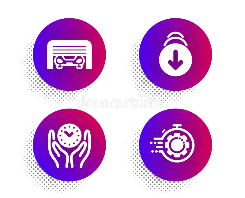 Safe Time, Scroll Down and Parking Garage Icons Set. Seo Timer Sign ...