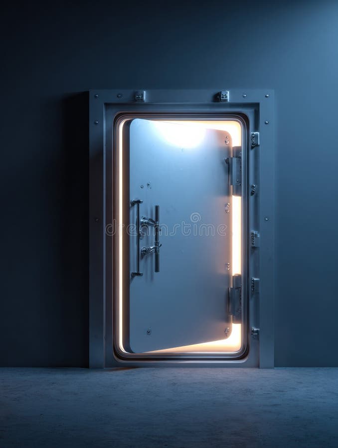 Modern Safe Vault Door Opens with Glowing Light Revealing a Secure ...