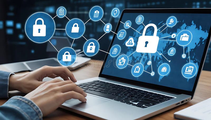 Safeguarding Information: Laptop with Security Icons Stock Illustration ...