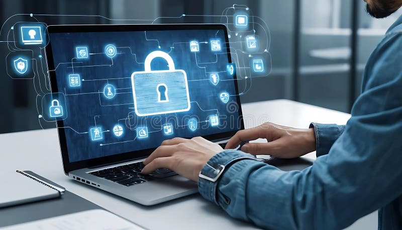 Safeguarding Information: Laptop with Security Icons Stock Illustration ...