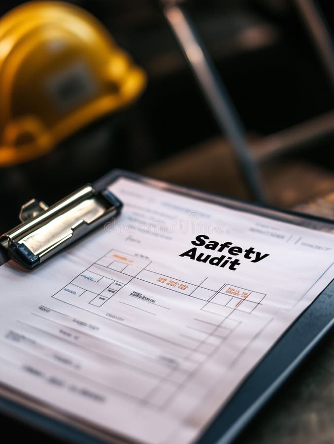 Safety Audit Checklist and Hard Hat on Clipboard at Construction Site ...