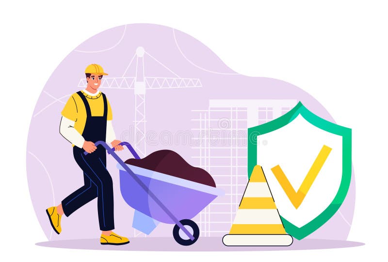 Safety Building Work. Man in Uniform with Cart with Soil. Safety and ...