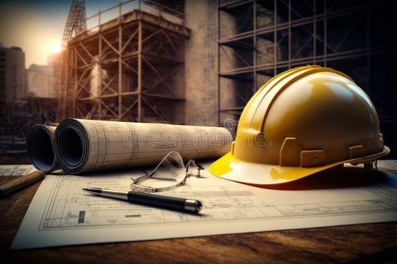 Safety Cask on the Building Plans on the Wooden Table. Construction of ...