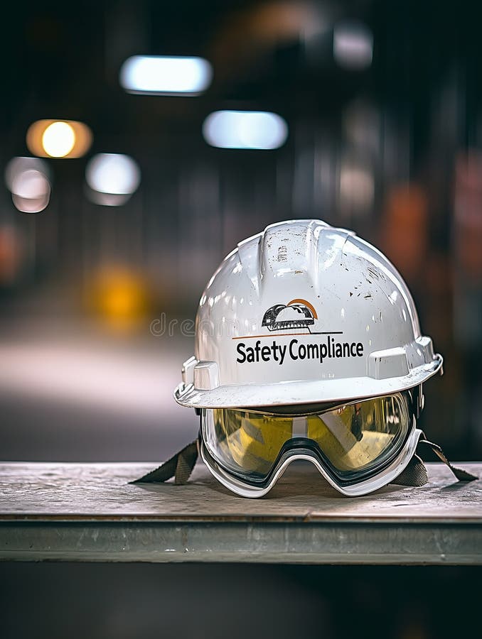 Safety Compliance Helmet Placed on Wooden Surface in Industrial Setting ...