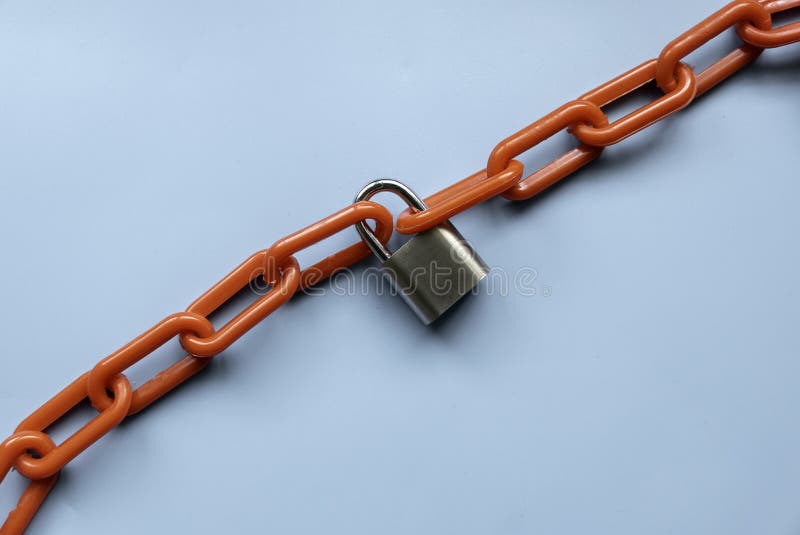 Safety Concept. Red Chain and Padlock on Blue Background Stock Photo ...