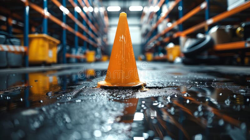 Safety Cone in a Wet Warehouse Aisle, Cautioning Hazards Stock Photo ...
