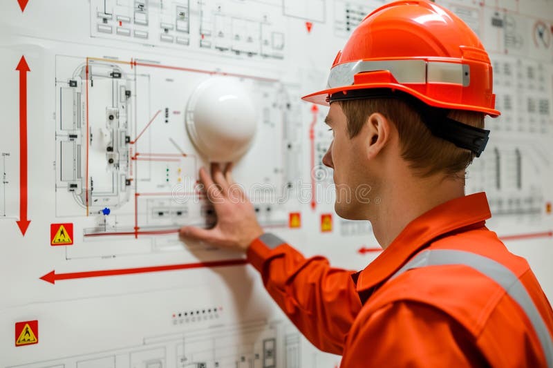 Safety Engineer with Fire Alarm System Blueprint Planning Secure ...