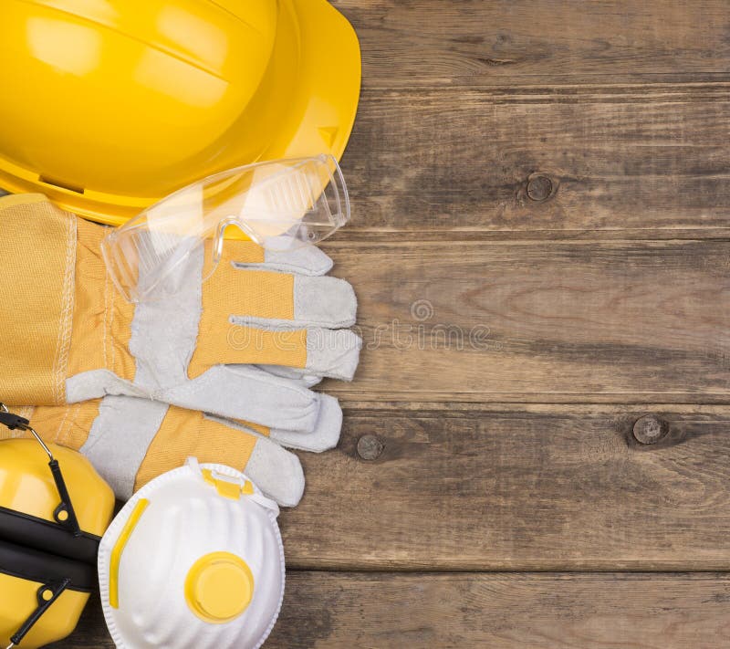 Safety Equipment On Wooden Background Stock Image - Image of wooden ...