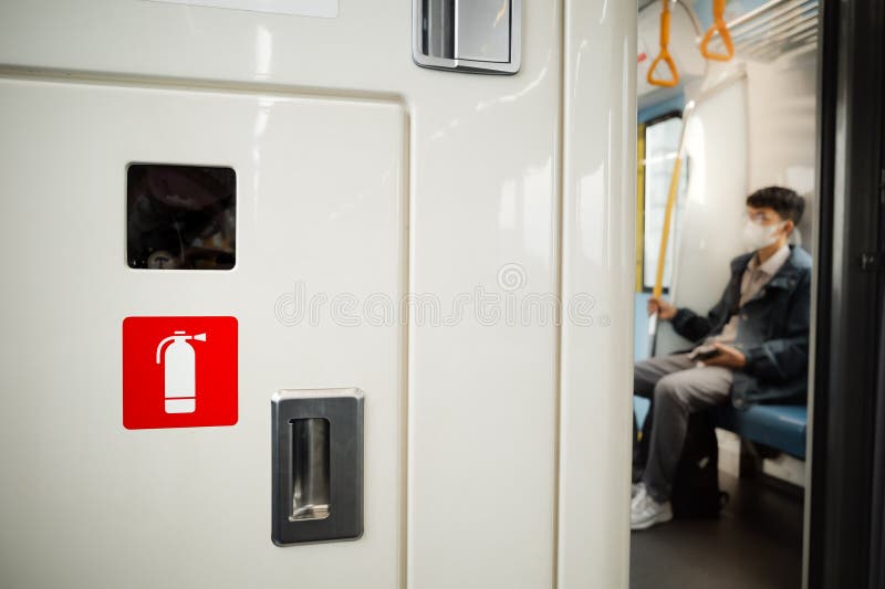 Safety Fire Extinguisher Panel Box with Symbol in Commuter Subway Train ...