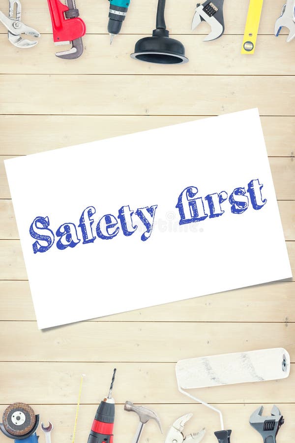 Safety First Against Tools on Wooden Background Stock Illustration ...