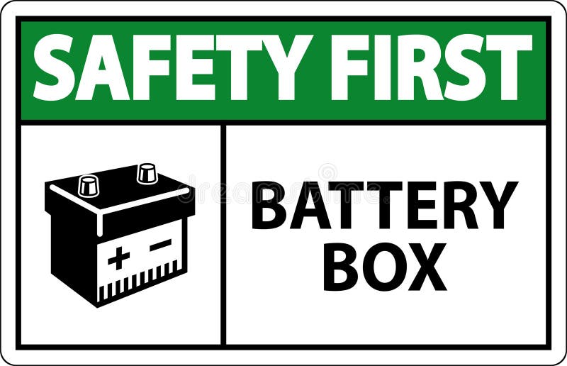 Safety First Battery Box with Icon Sign on White Background Stock ...
