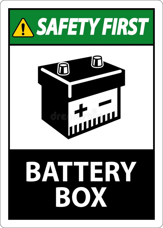 Safety First Battery Box with Icon Sign on White Background Stock ...
