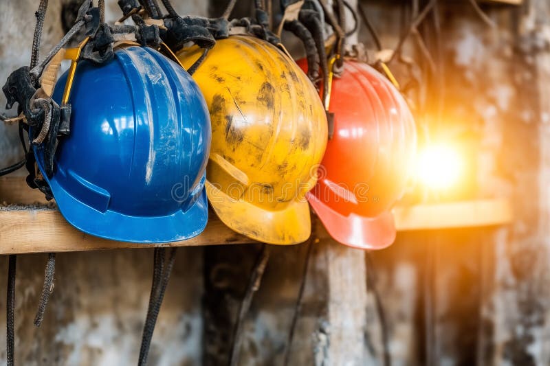Safety First: Colorful Hard Hats Ready for Teamwork on a Construction ...