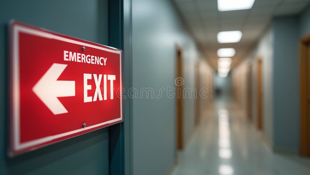 Safety First Emergency Exit Sign in Office Building Stock Illustration ...