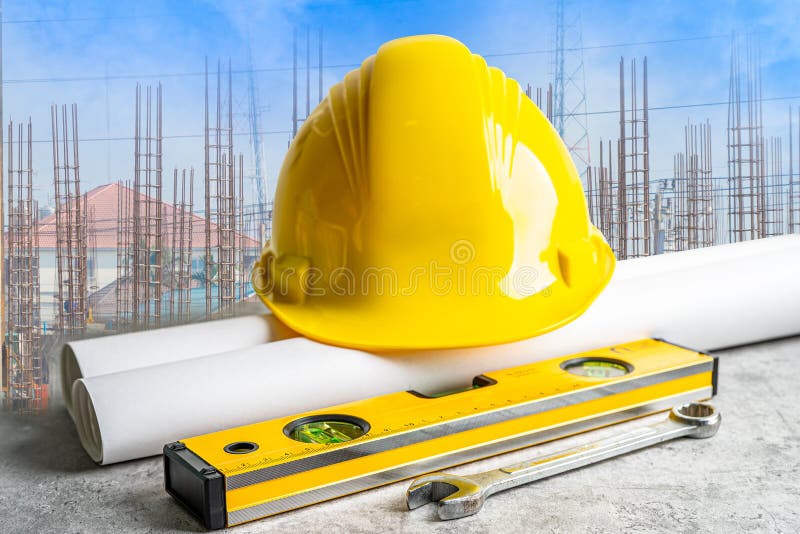 Safety First Hard Helmet Hat and Engineer Tool at Construction Estate ...