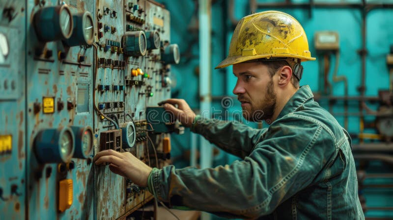 Safety First: a Man in a Hard Hat and Working Clothes, Engaged in Electrical Panel Maintenance ...