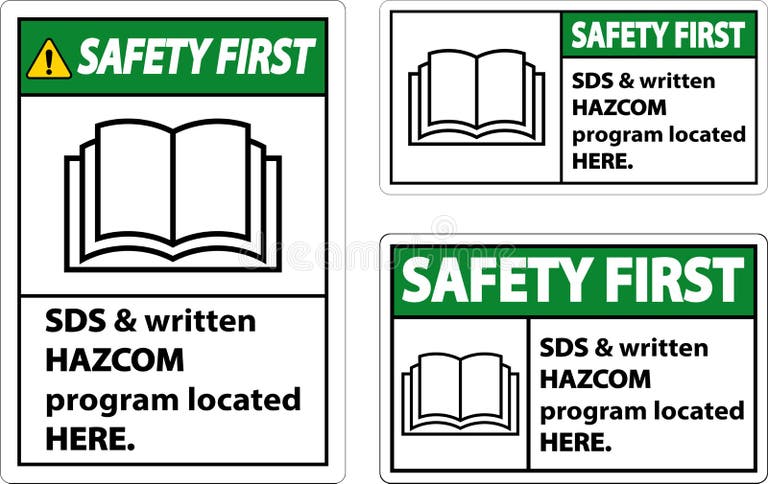Safety First SDS and HazCom Located Here Sign on White Background Stock ...