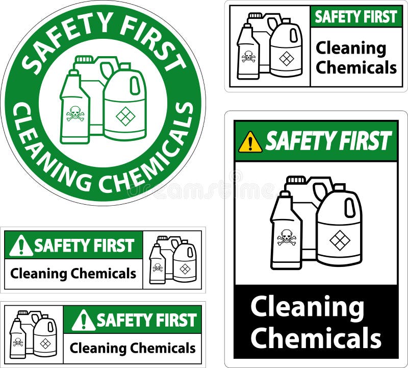 Safety First Sign Cleaning Chemicals Sign on White Background Stock ...
