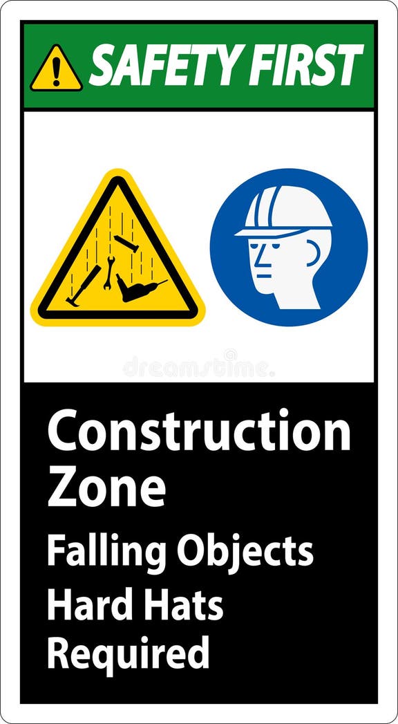 Safety First Sign, Construction Zone, Falling Objects Hard Hats ...