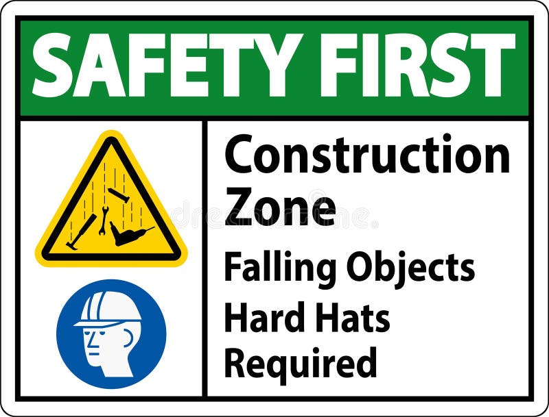 Safety First Sign, Construction Zone, Falling Objects Hard Hats ...