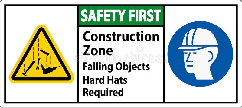 Safety First Sign, Construction Zone, Falling Objects Hard Hats ...