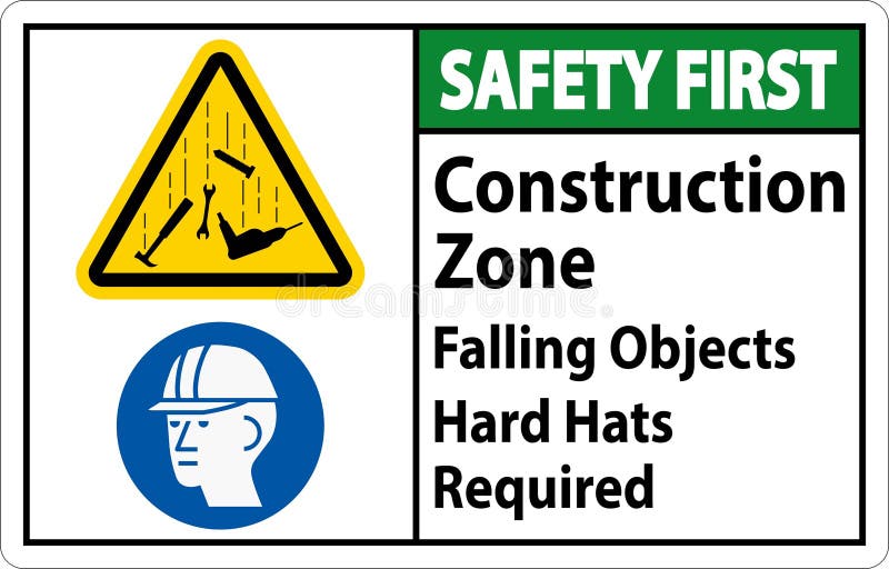 Safety First Sign, Construction Zone, Falling Objects Hard Hats ...