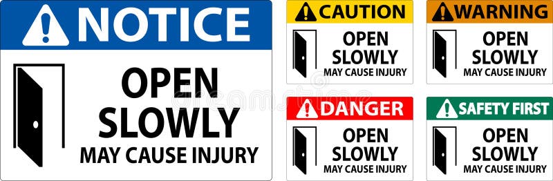Safety First Sign, Open Slowly, May Cause Injury Stock Vector ...