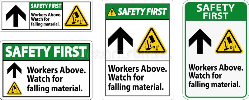 Safety First Sign, Workers Above Falling Material Stock Vector ...