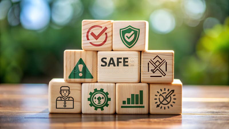 Safety First Symbols on Wooden Cubes Stock Image - Image of protection ...