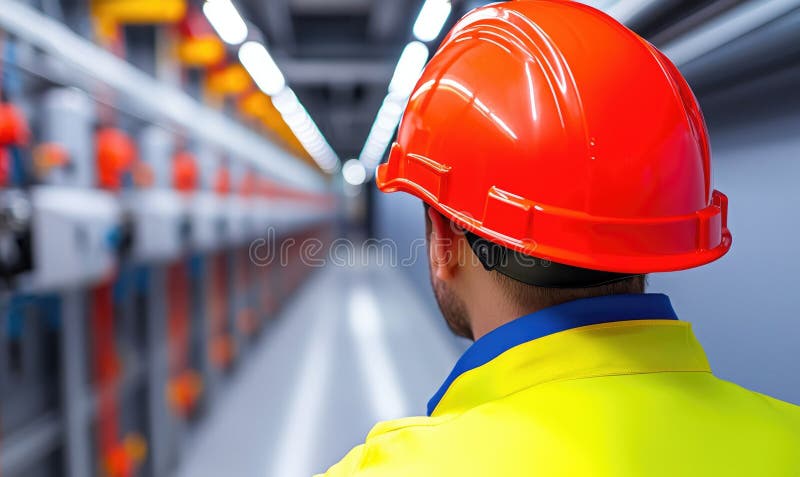 A Safety-focused Worker in a Bright Helmet Observes an Industrial ...