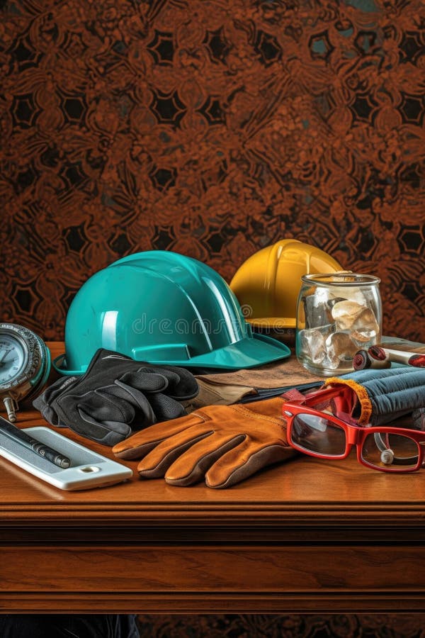 Safety Gear: Hardhat, Gloves, and Goggles on a Table Stock Illustration ...