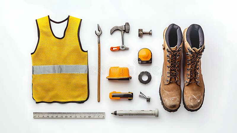 Safety Gear and Tools Including Boots, Vest, and Measuring Tape for ...