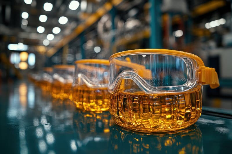 Safety Goggles on a Conveyor Belt in a Factory Stock Photo - Image of ...