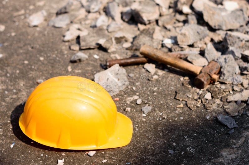 Safety Helmet in Construction Site. Yellow Hat Stock Image - Image of ...