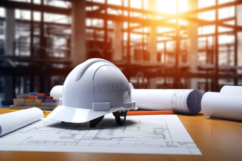 Safety Helmet and Drawings Against the Background of a Building Under ...