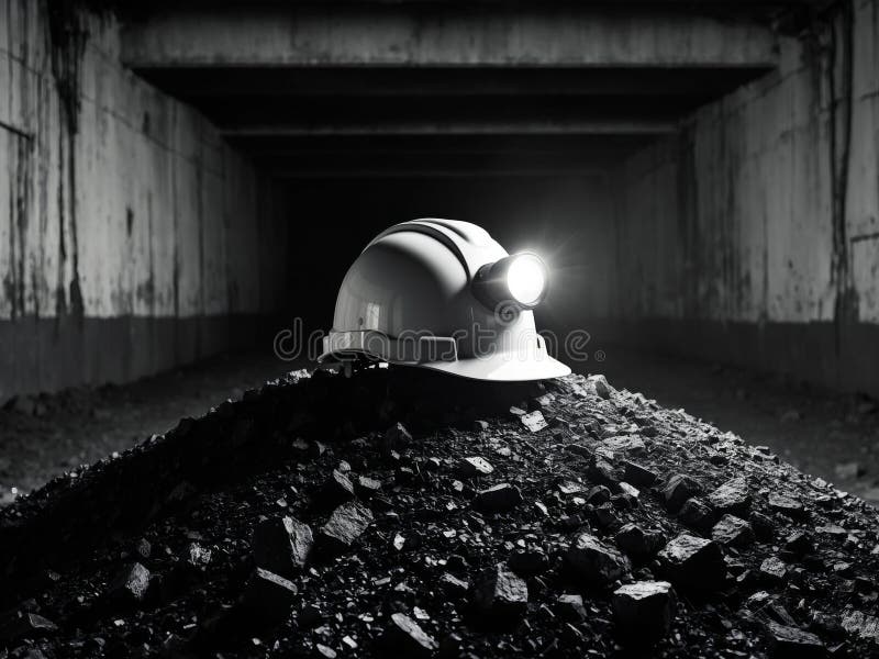 Safety Helmet with Headlamp on Coal in Dark Mine. Stock Image - Image of headgear, salt: 346528275
